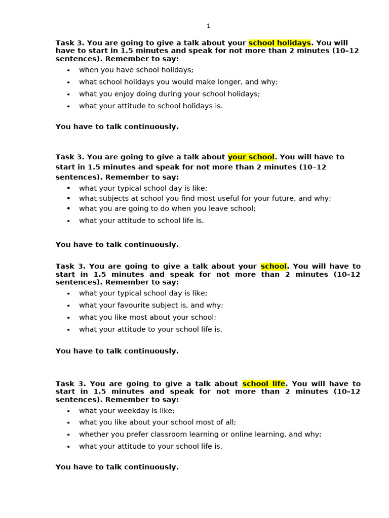 ФИПИ Speaking Task 3 (1-4) 5 | PDF