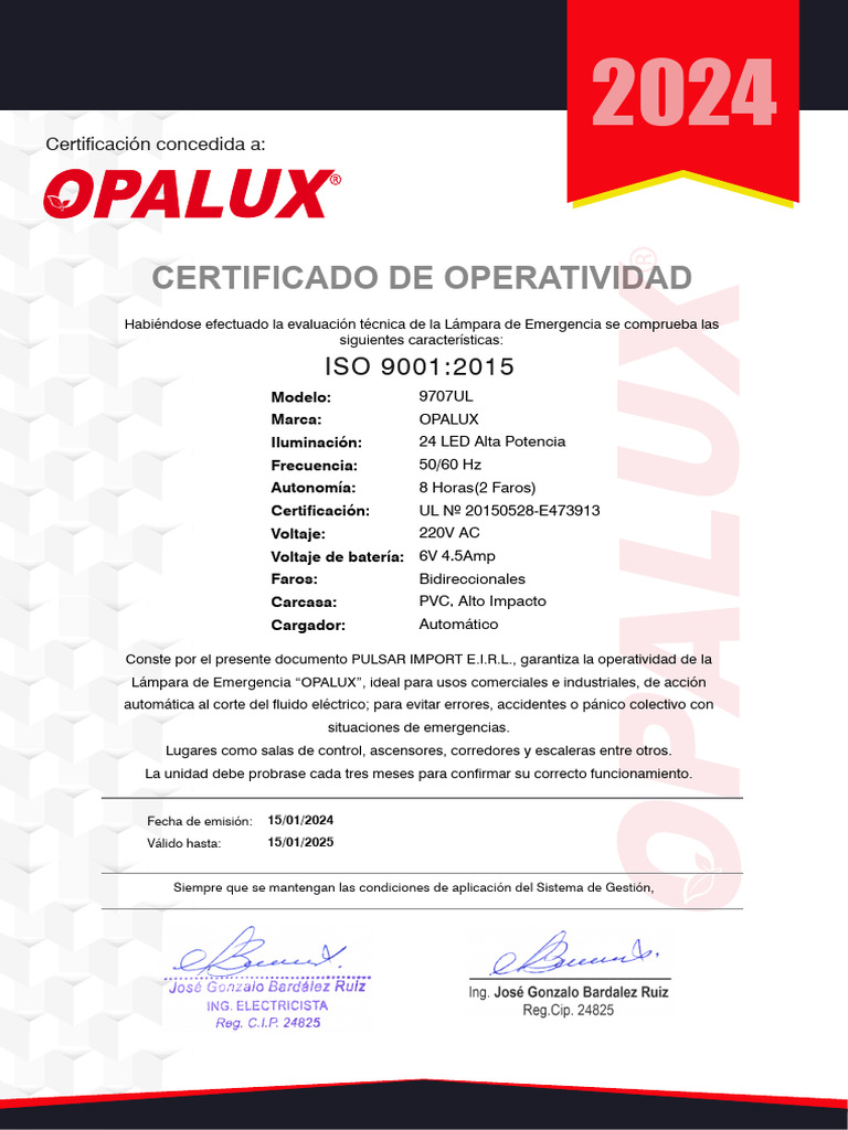 9707ul Certificado Opalux | PDF