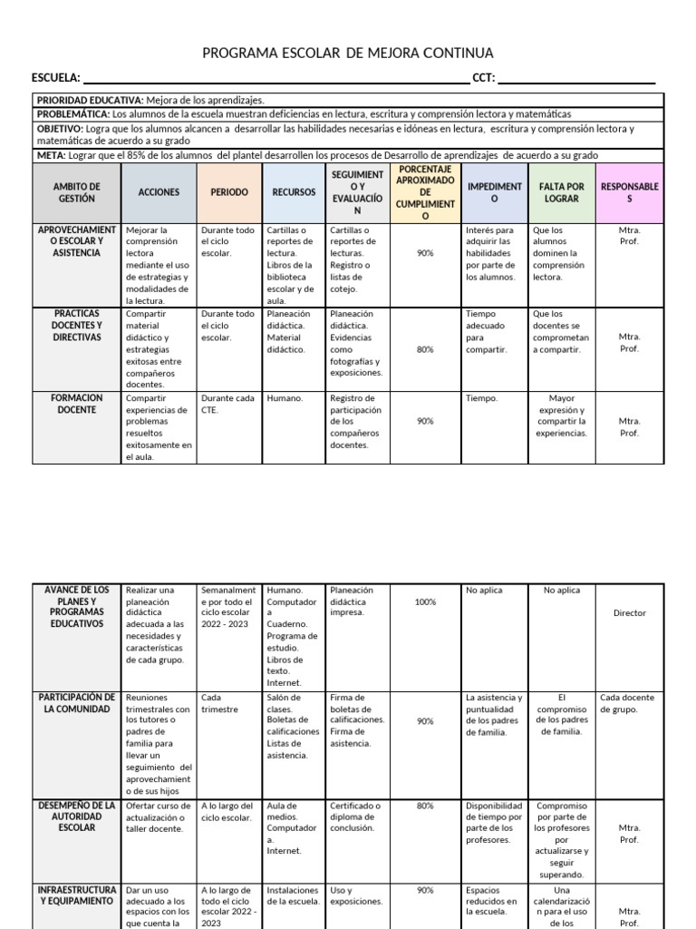 PROGRAMA DE MEJORA CONTINUA Esbozo | PDF