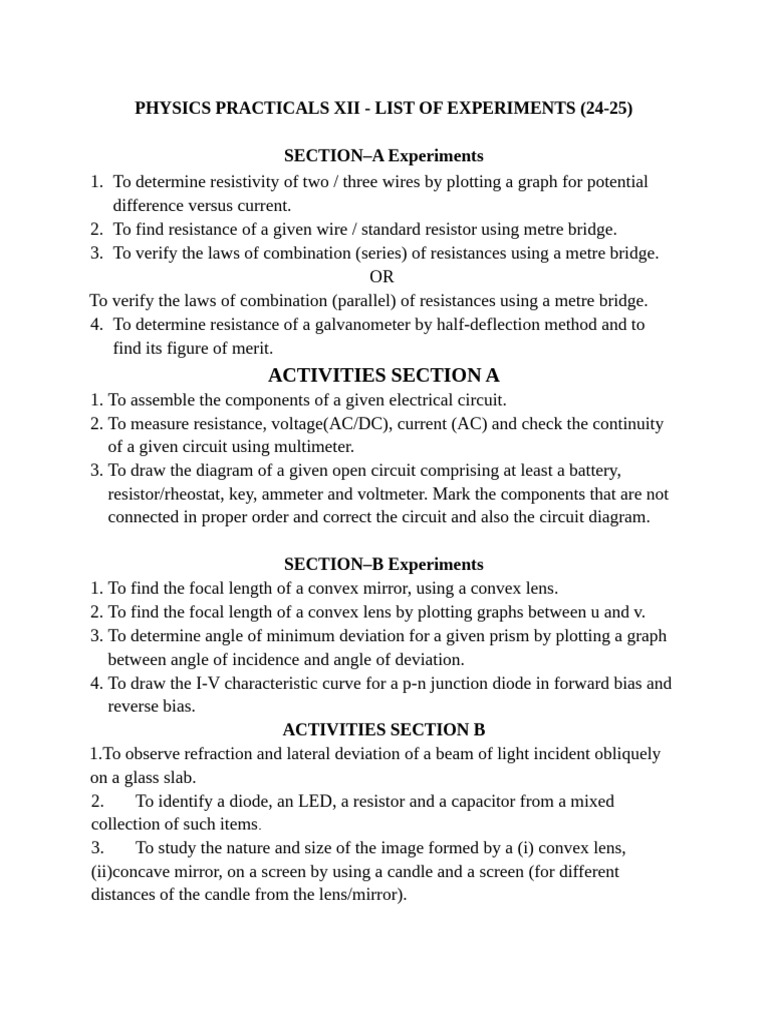 Physics 24-25 Practical List | PDF
