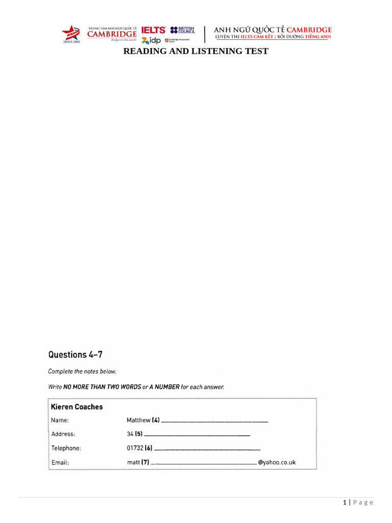 Reading and Listening Test | PDF