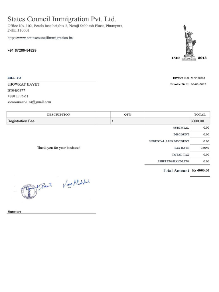 States Council Immigration Invoice SHOWKAT HAYET | PDF