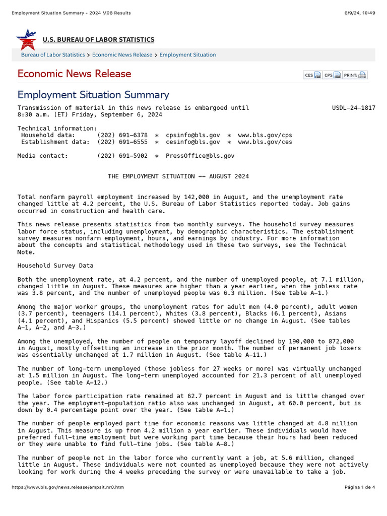 Employment Situation Summary - 2024 M08 Results | PDF | Current Population Survey | Unemployment