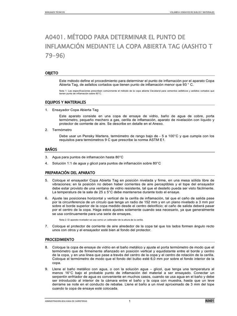 A0401. Método para Determinar El Punto de Inflamación Mediante La Copa Abierta Tag (Aashto T 79 ...
