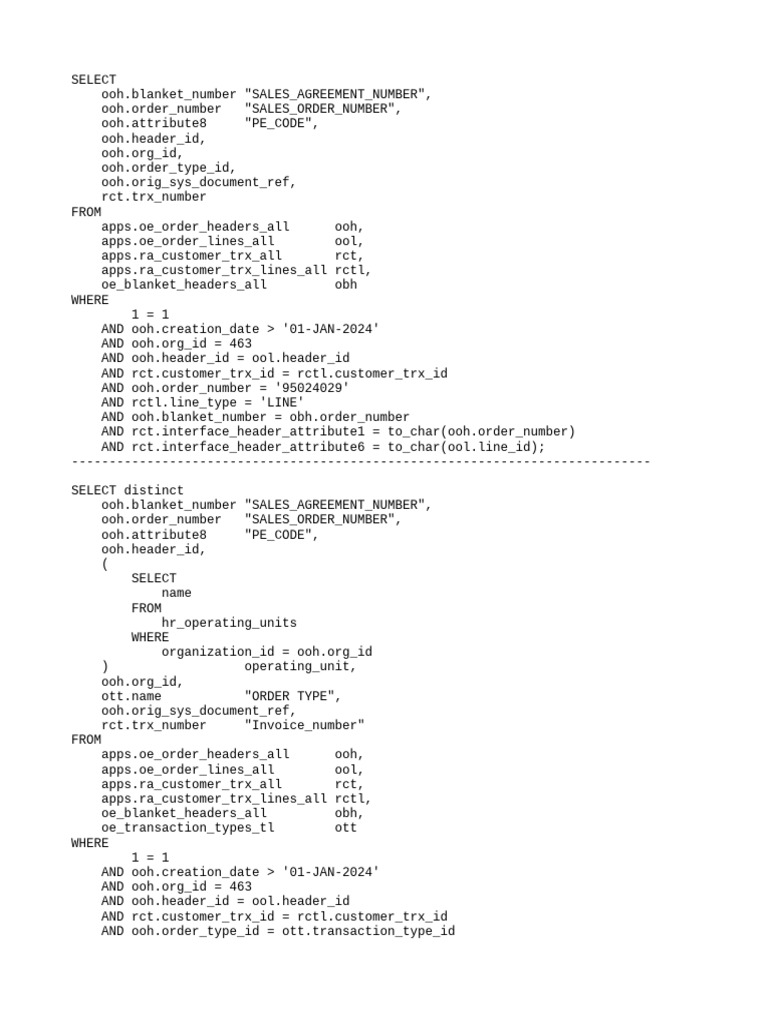 Query To Get Sales Order And Blanket Sales Agremment And Ar Invoice Details Pdf