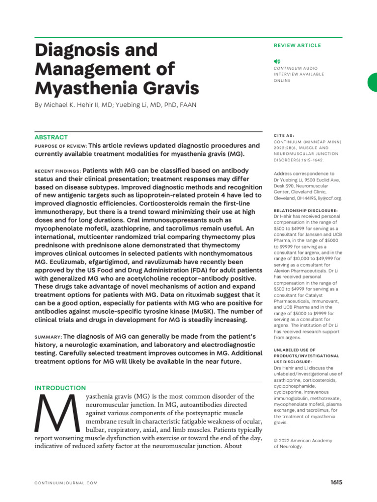 Michael K Hehir Diagnosis and Management of Myasthenia | PDF