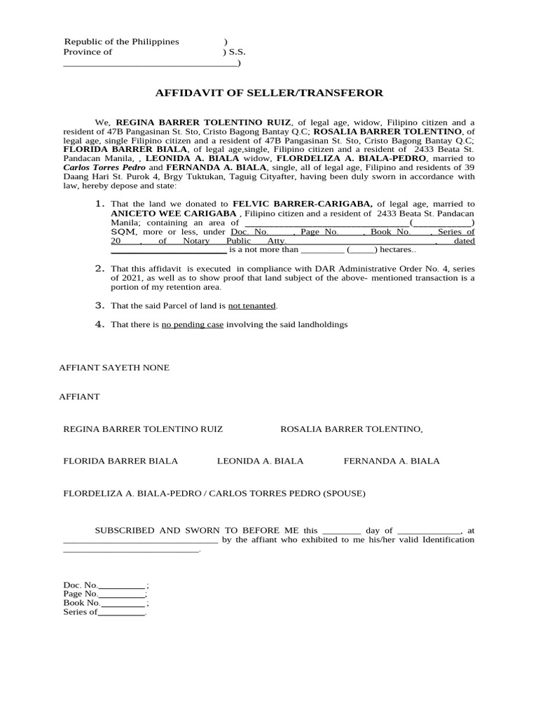 AFFIDAVIT OF SELLER-TRANSFEROR Blank Heirs | PDF
