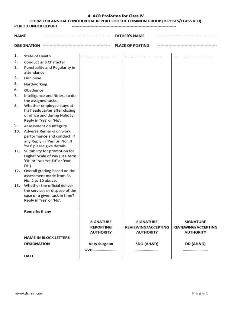 ACR Proforma For Class IV | PDF
