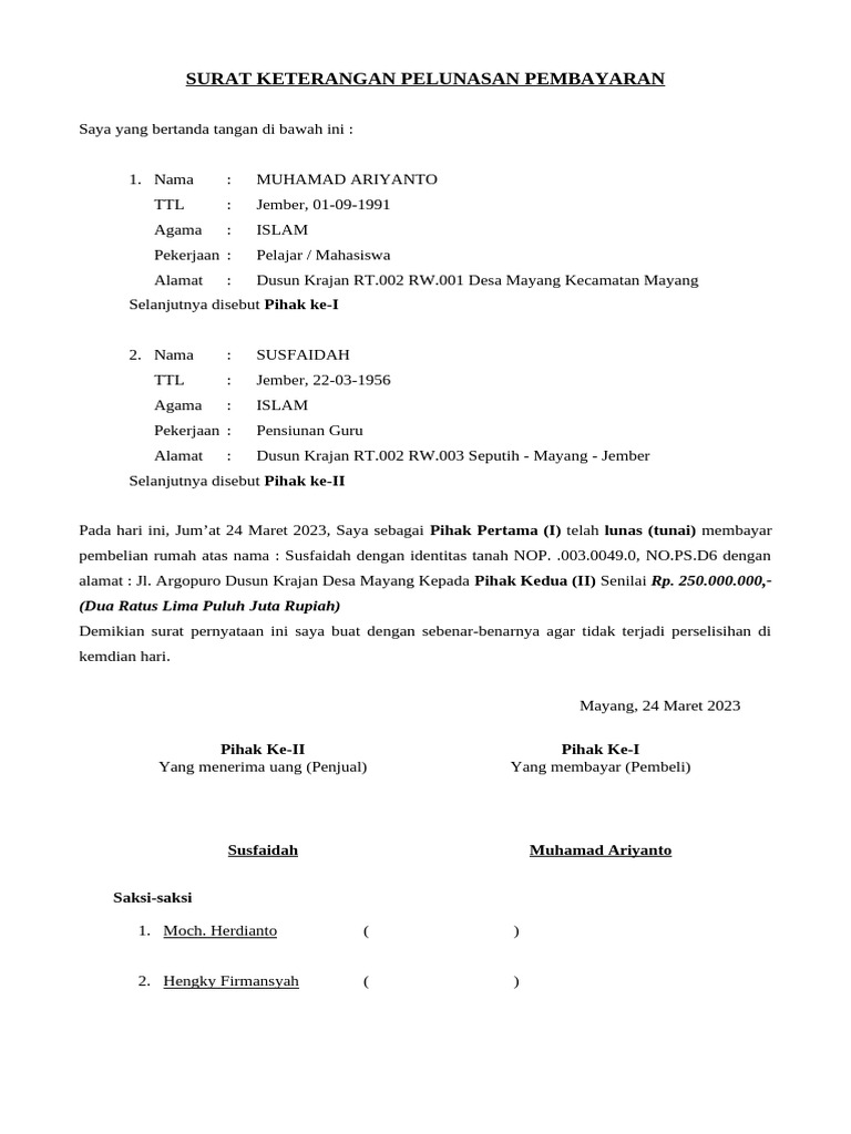 Surat Keterangan Pelunasan Pembayaran | PDF