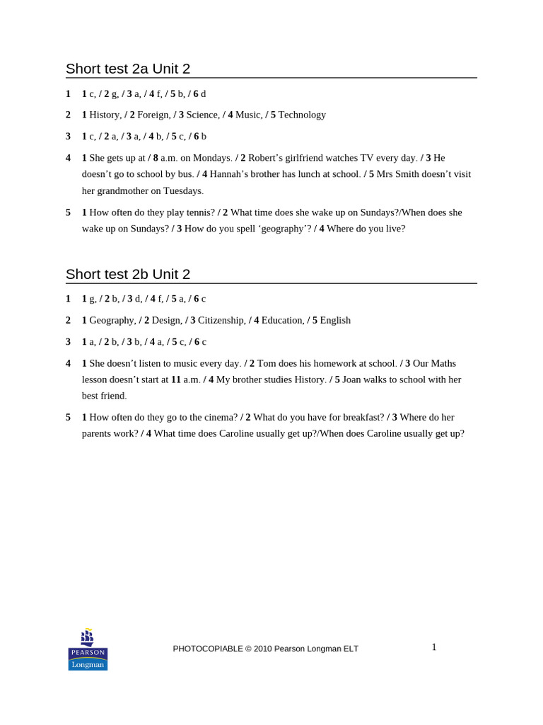 Short Test 2 Key | PDF