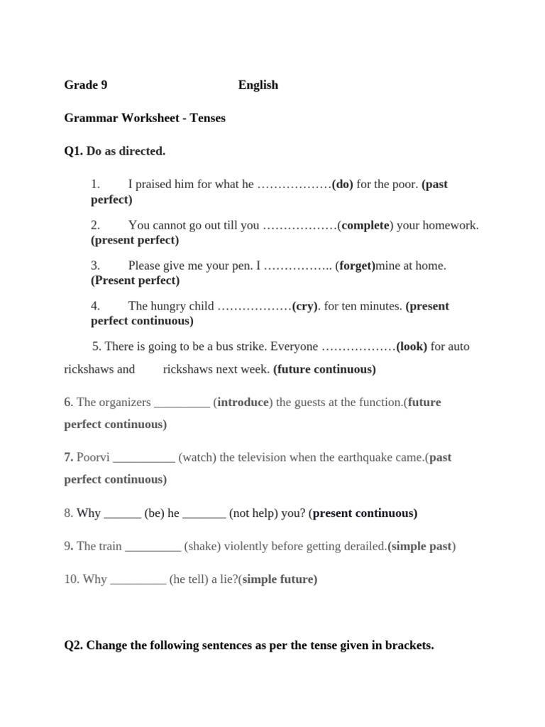 Grammar Worksheet-Tenses-Grade 9 | PDF