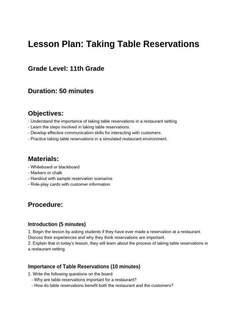 Lesson Plan Table Reservation - Fbs 2024-25 | PDF