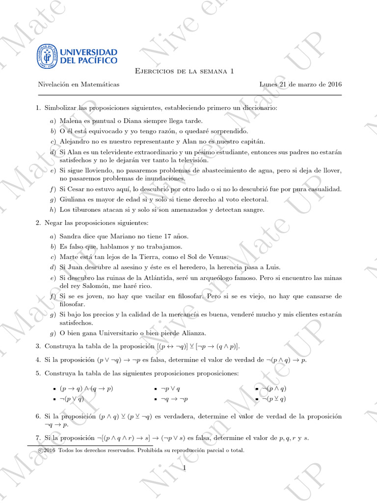 Semana1 Ejercicios | PDF | Proposición | Lógica matemática