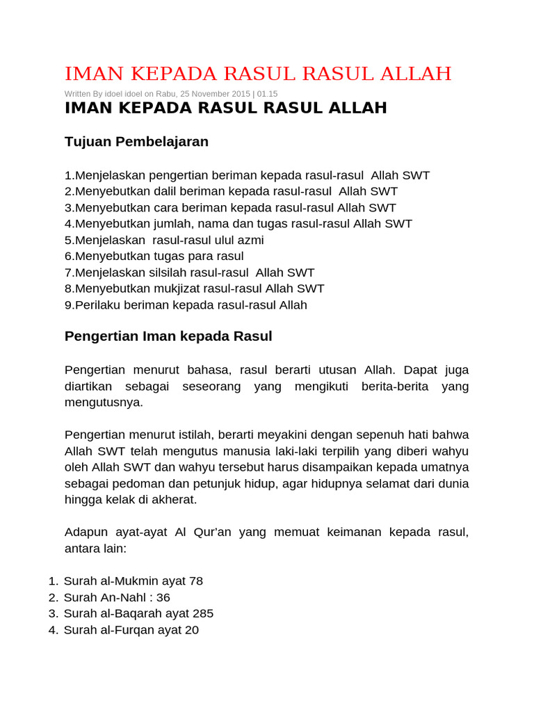 Iman Kepada Rasul Rasul Allah | PDF
