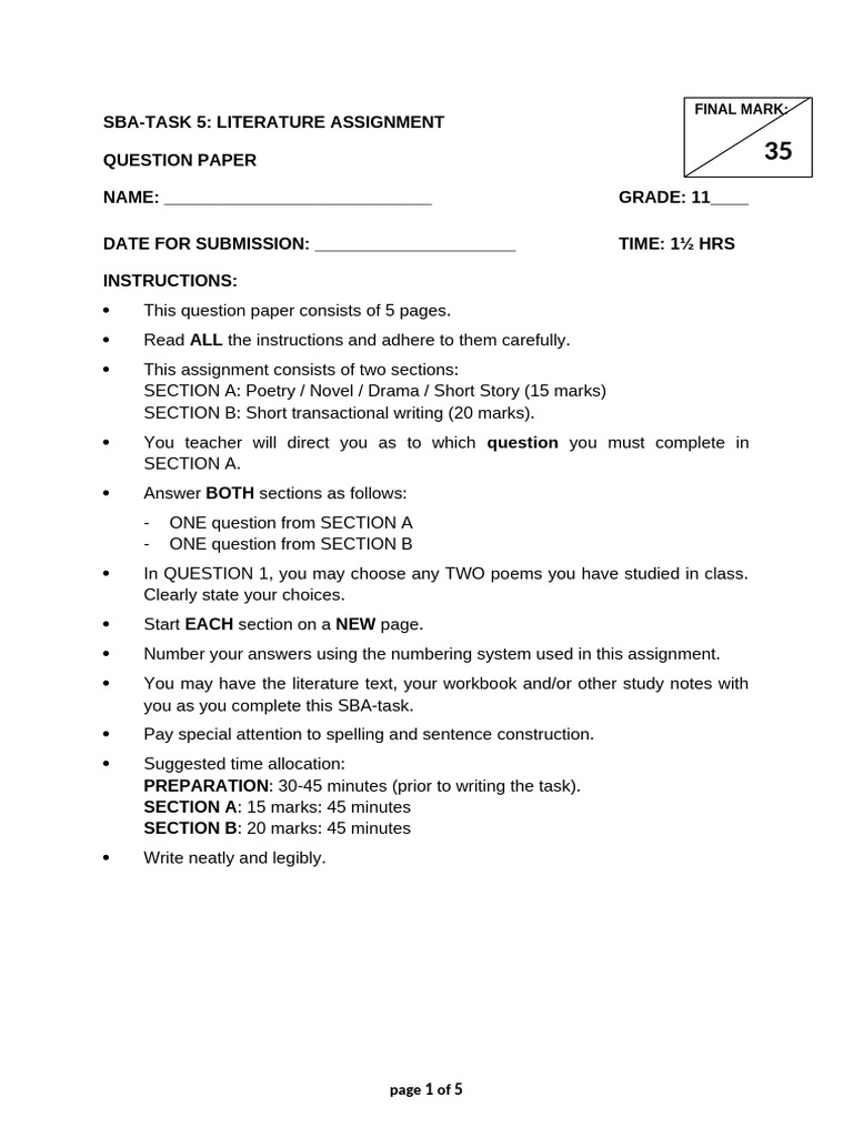 GR 11 Efal Sba-Task - Literature Assignment - Question Paper (QP) | PDF