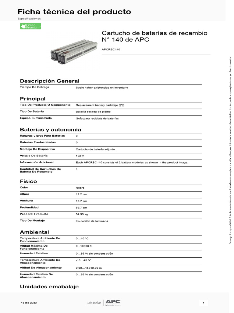 APC - Cartuchos de Baterías de Recambio - APCRBC140 | PDF