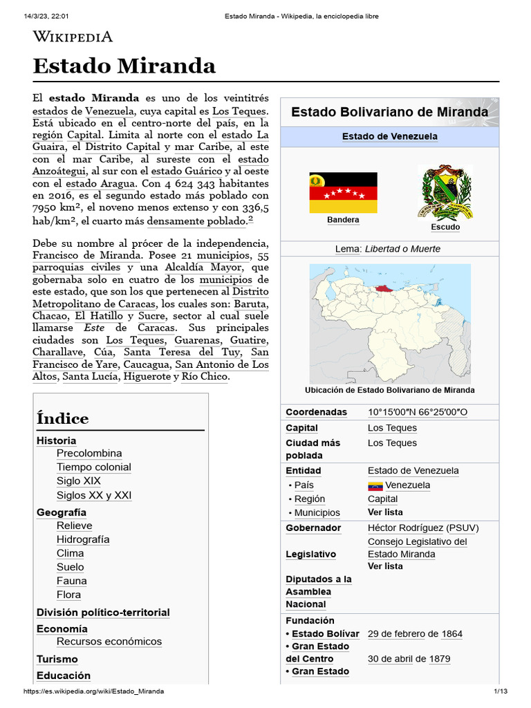 Estado Miranda - Wikipedia, La Enciclopedia Libre | PDF