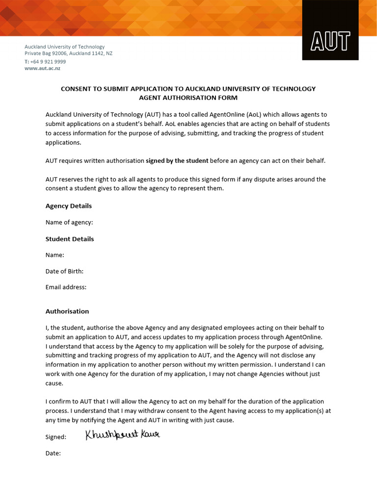 AUT Authorization Form | PDF