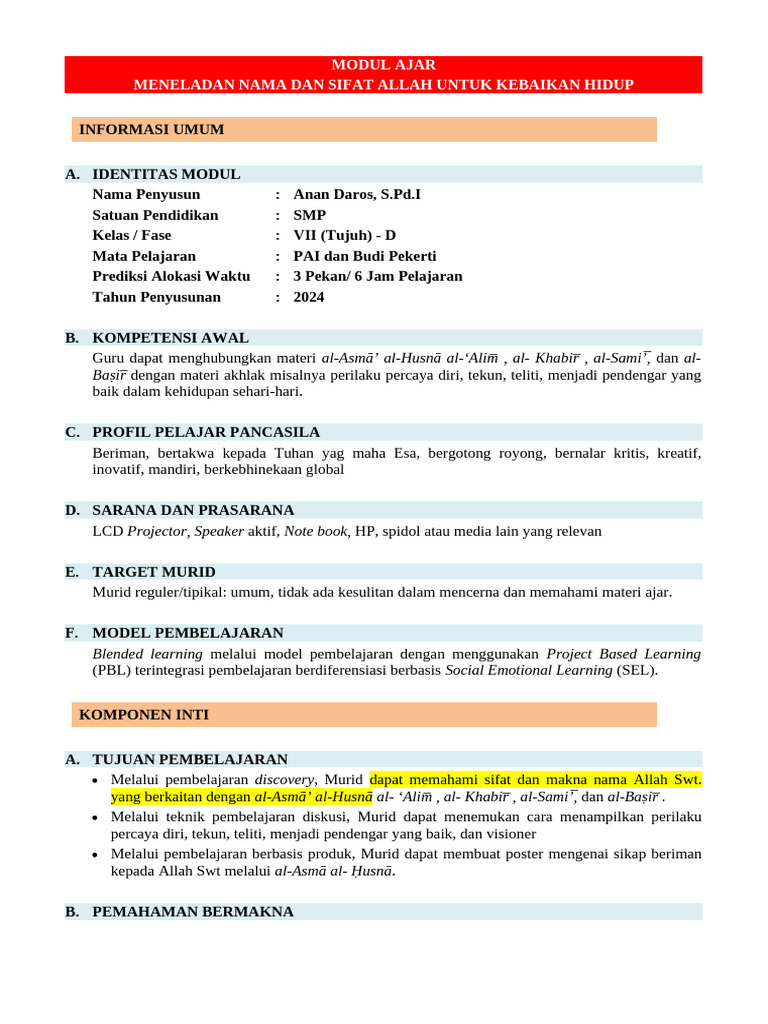 Modul Ajar Kelas 7 PAI - Bab 2 PI 4 FIX | PDF