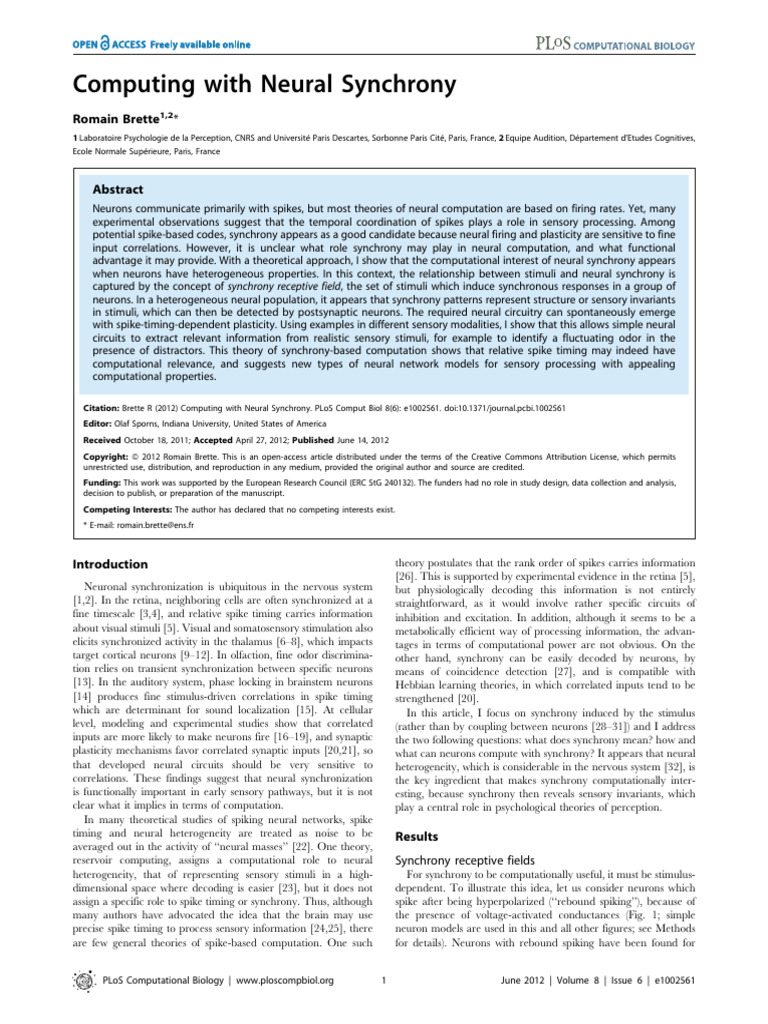 Brette 2012 Computing With Neural Synchrony | PDF