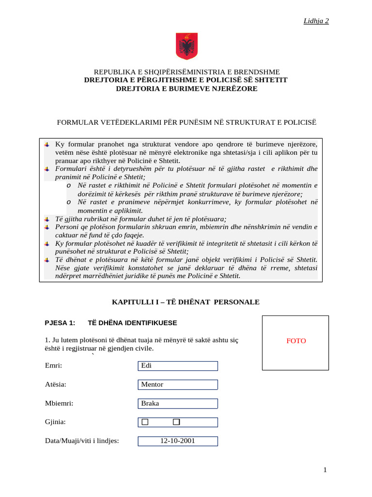 Formular Vetedeklarimi Per Pranim Dhe Rikthim Ne Polici 7 2 | PDF