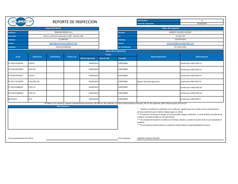 Inspección de Equipos Alturas Eusse | PDF