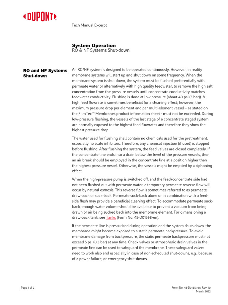 NF FilmTec RO NF Systems Shutdown Manual Exc 45 D01613 en | PDF