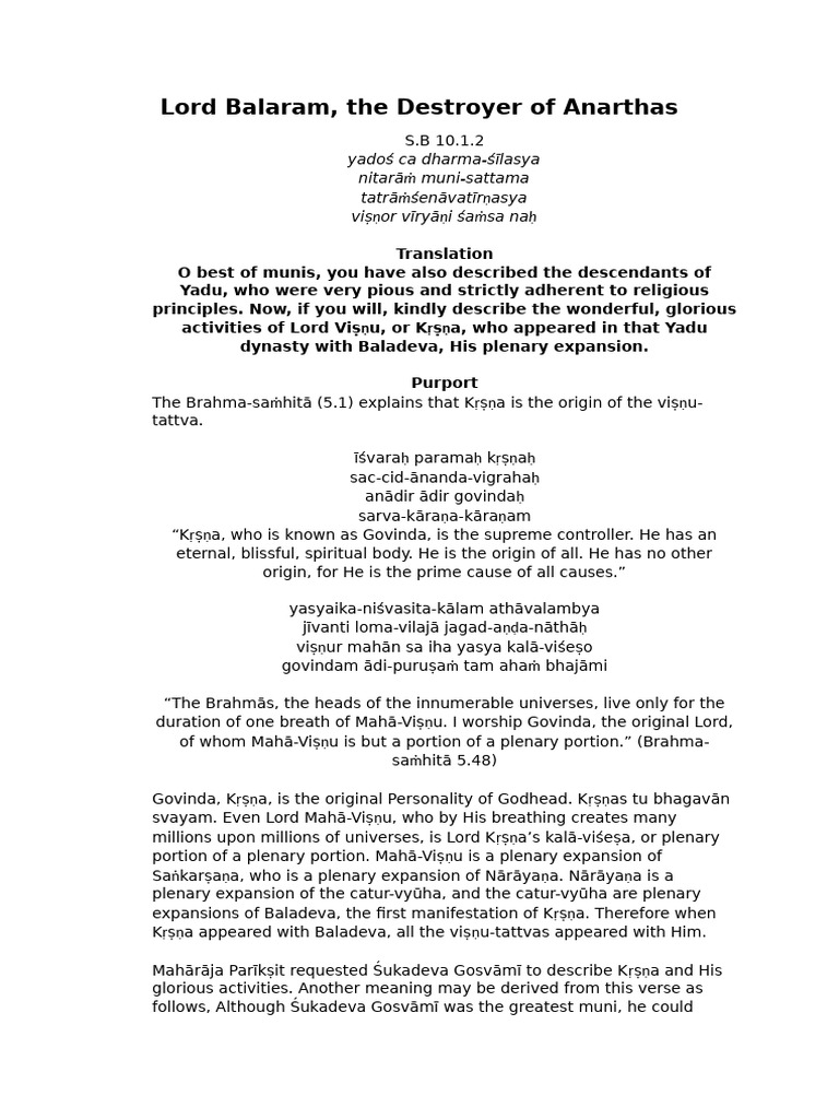 Lord Balaram Destroyer of Anarathas | PDF