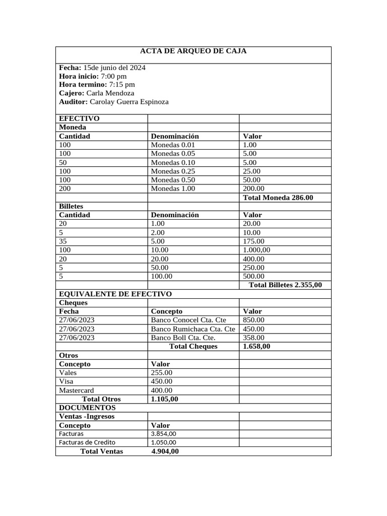 Acta de Arqueo de Caja Lili | PDF