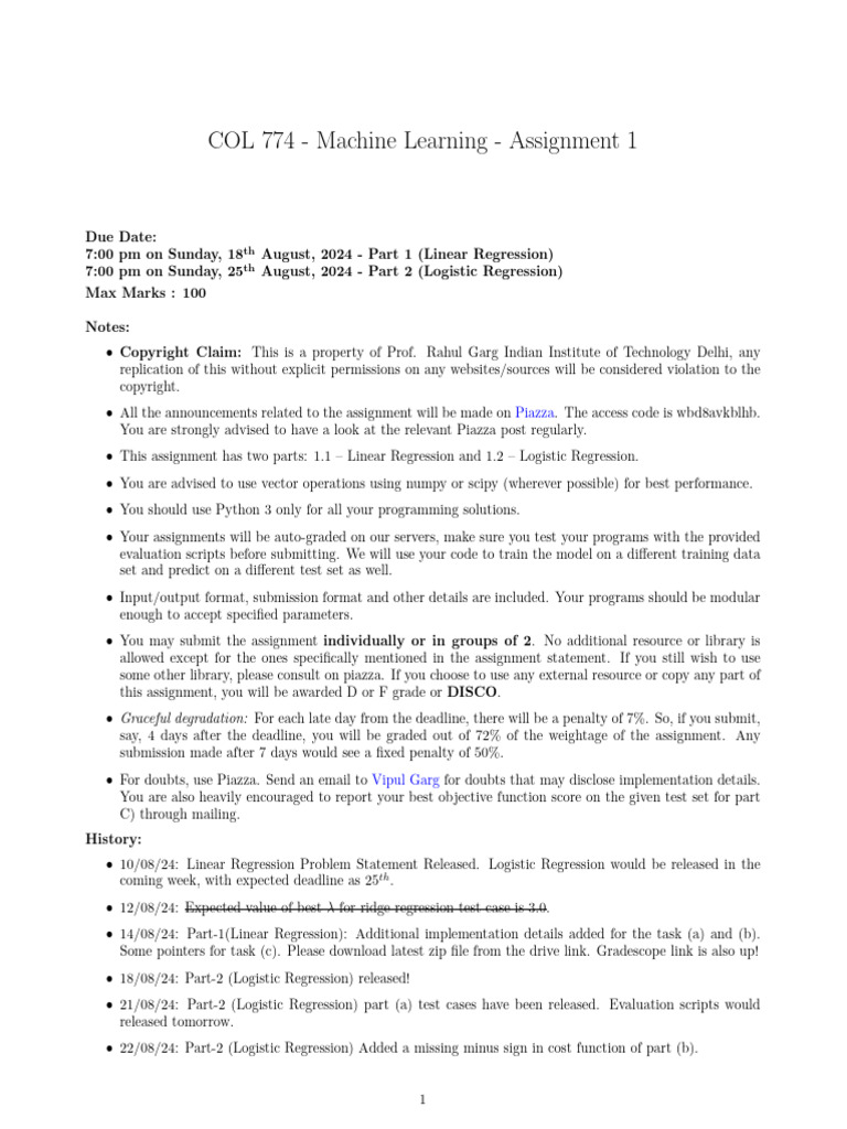 COL 774 - Machine Learning - Assignment 1 | PDF