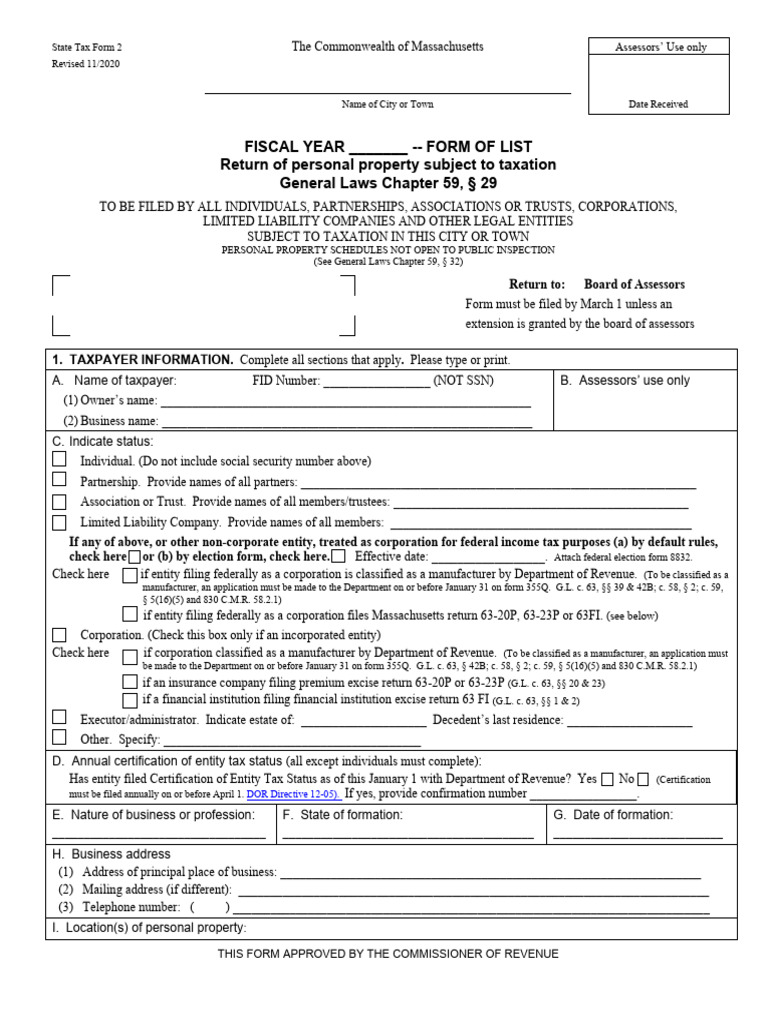 Fiscal Year - Form of List Return of Personal Property Subject To ...