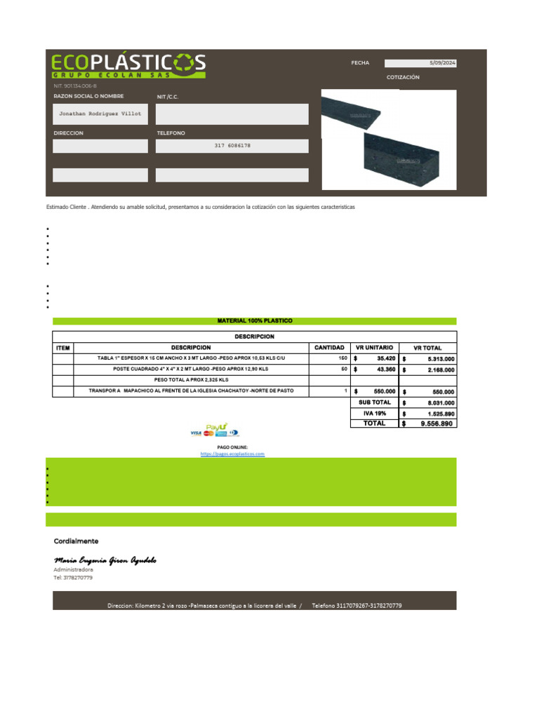 Cotizacion - Poste y Tabla - Jonathan Rodriguez V - Sept 5 2024 | PDF