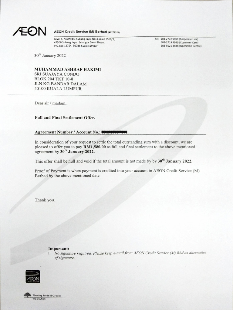 AEON Credit Full Final Settlement Offer Letter | PDF