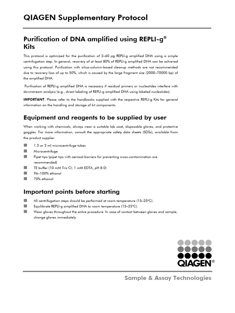 RG21 Purification of DNA Amplified Using REPLI-g Kits | PDF