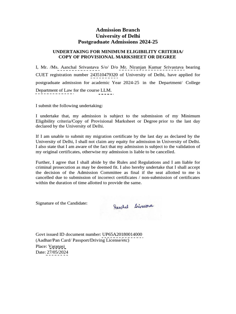 Undertaking Migration Certificate DU | PDF