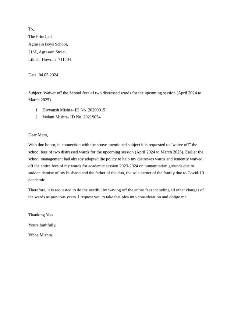 Request for School Fee Waiver 2024 | PDF | Wellness