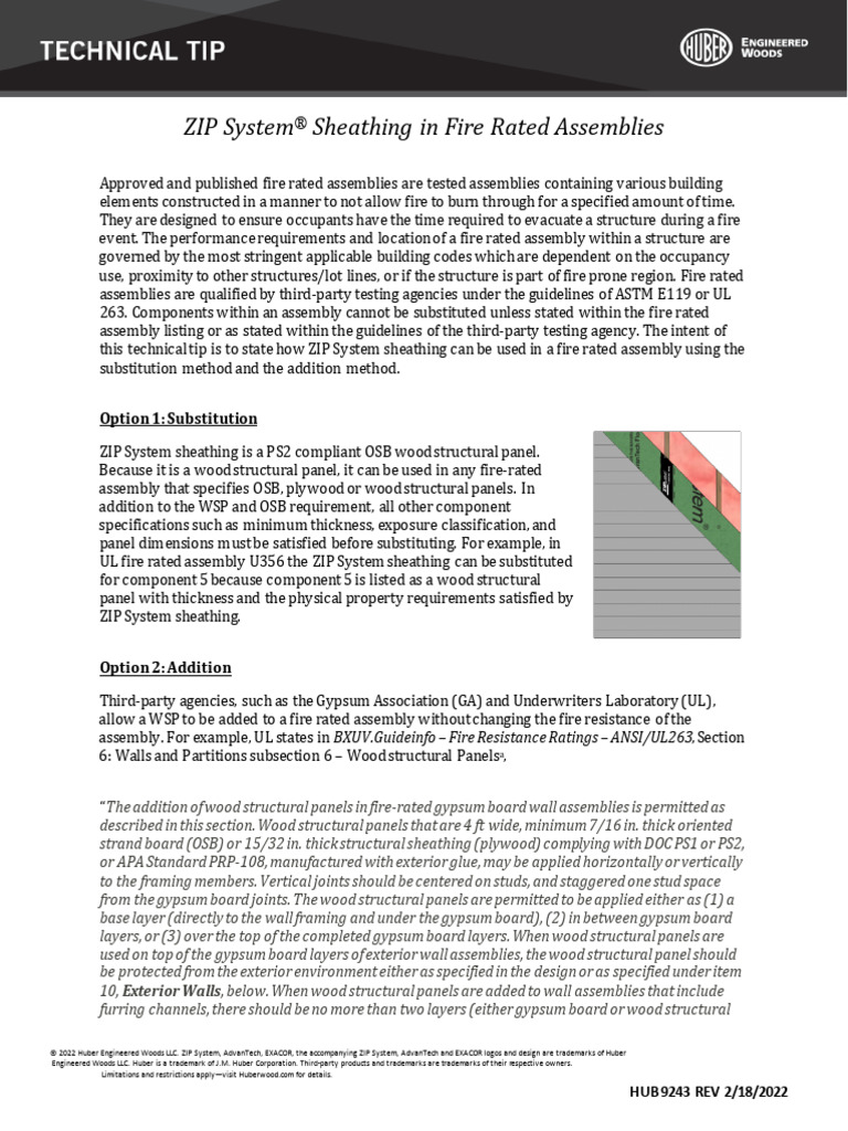 Fire Rated Assemblies With ZIP System Tech Tip ZIP System | PDF