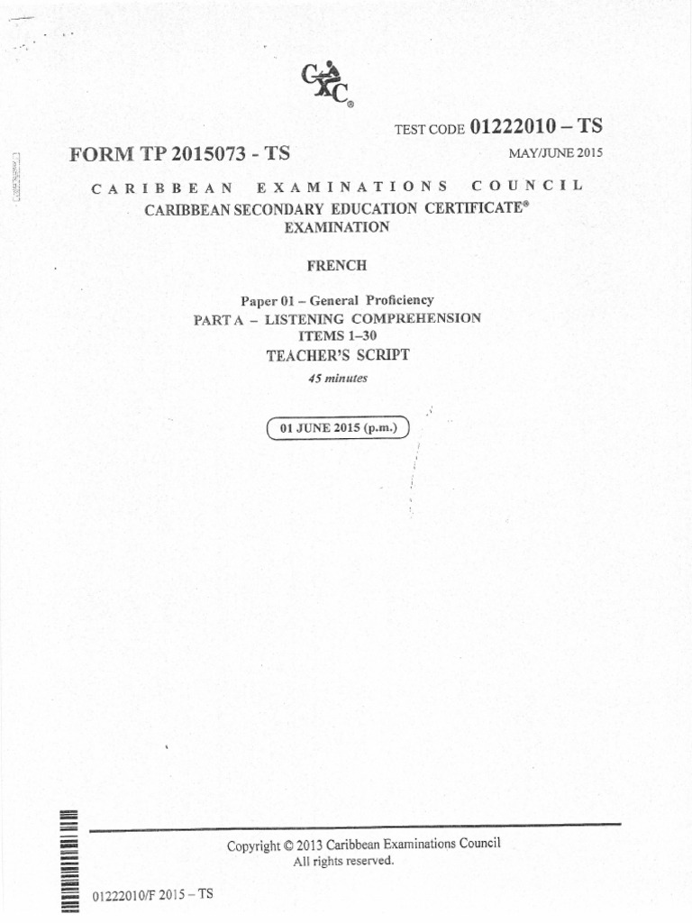 CSEC French Paper 1 Booklet (2015 - 2020) | PDF