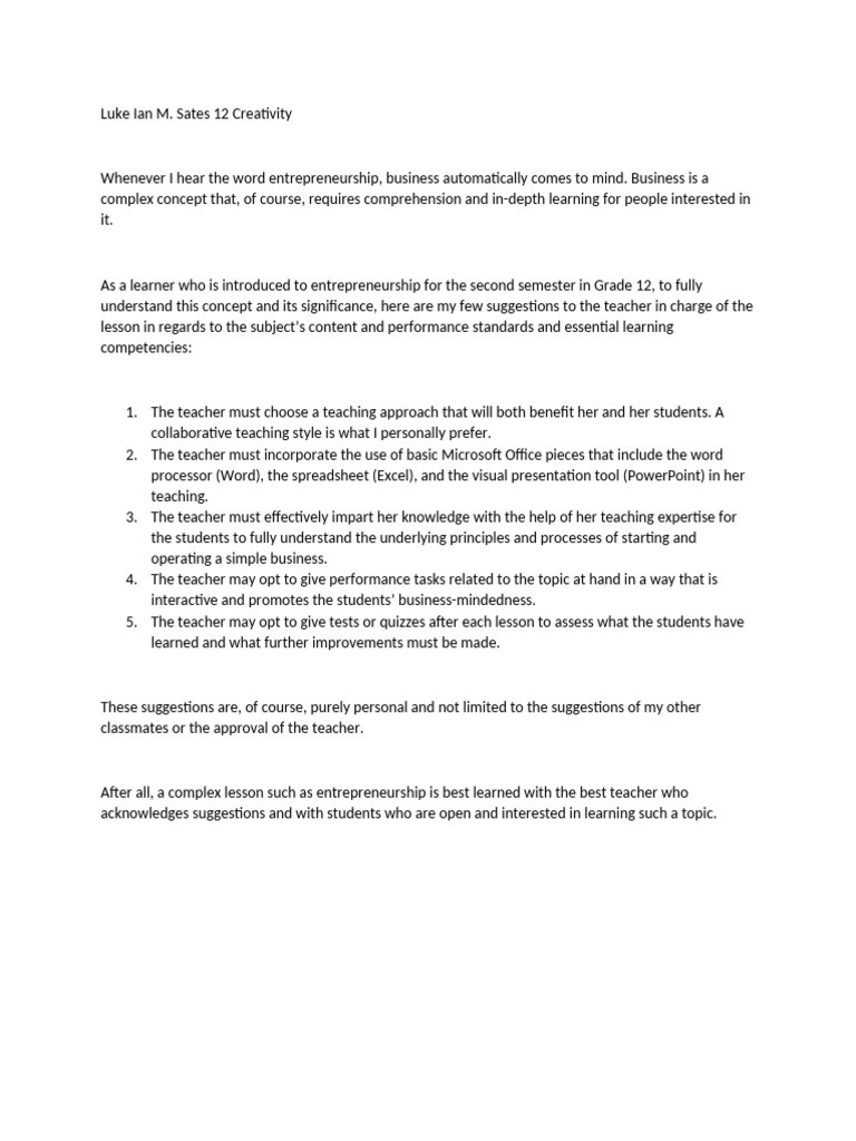 Entrep Suggestions | PDF