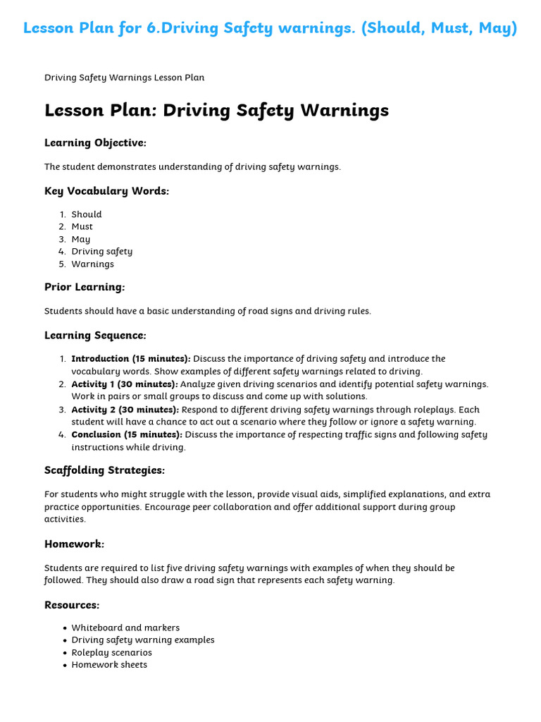 Lesson-Plan 9th Grade-6driving-Safety-Warnings-Should-Must-May | PDF