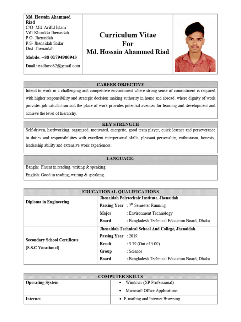 Resume of Md. Hossain Ahammed Riad | PDF