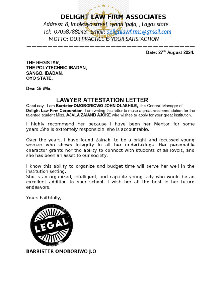 Omowunmi Lawyer Reference Letter | PDF