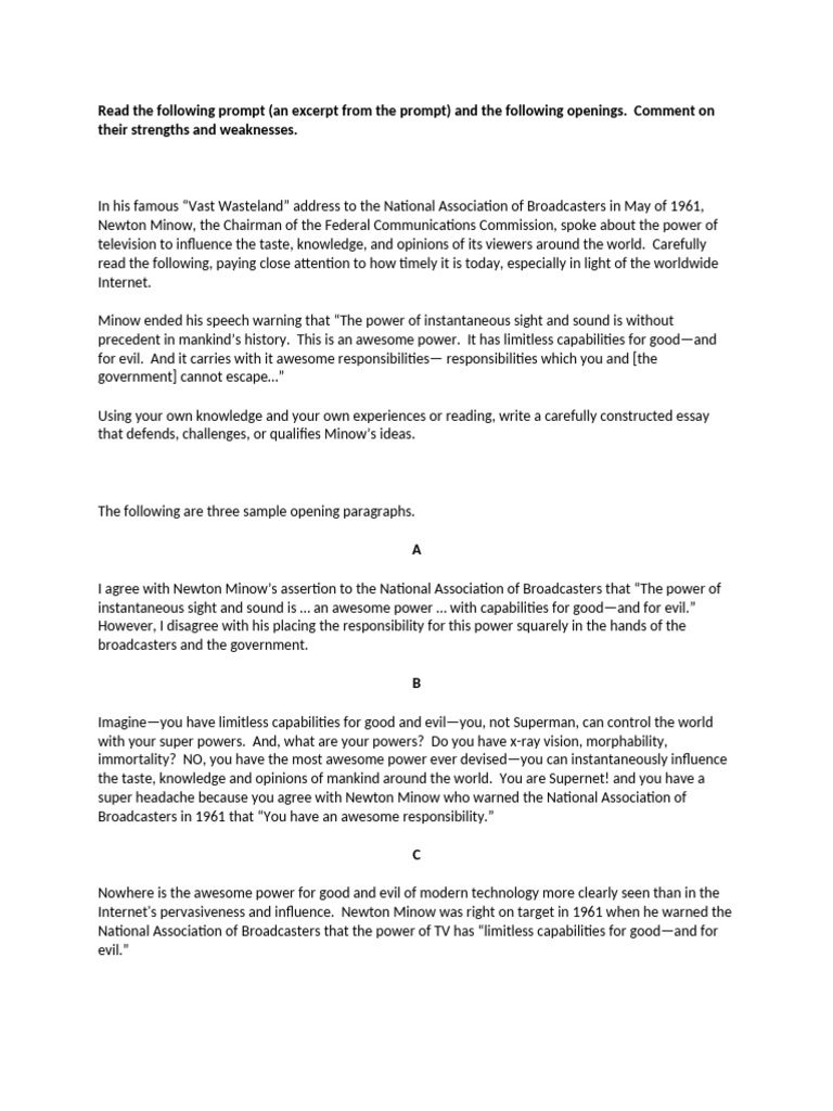 Vast Wasteland by Newton Minnow Argumentative Prompt | PDF