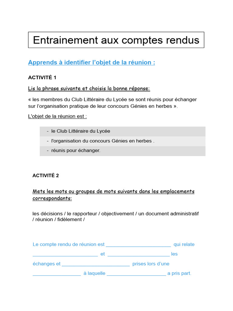 Exercice Entrainement Au Compte Rendu | PDF