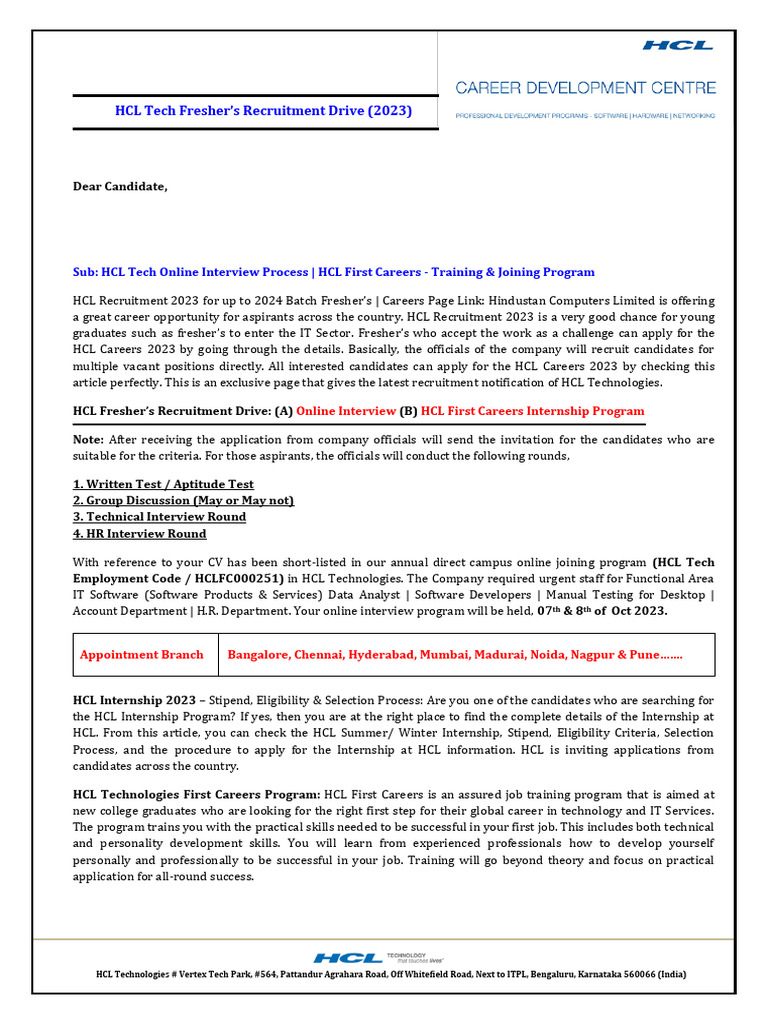 HCL Tech 2023 Fresher Recruitment | PDF | Recruitment | Business