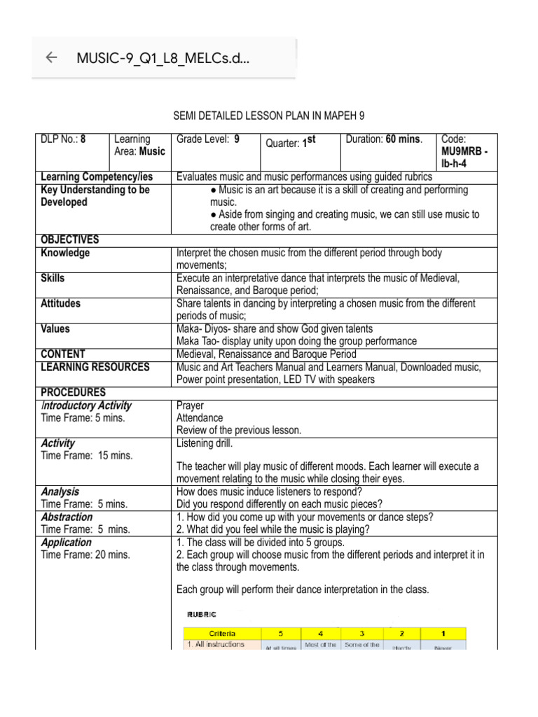 MUSIC-9 Q1 L8 MELCs | PDF