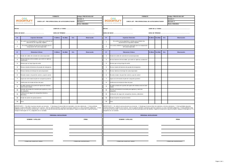 FRM-SIG-MJU-067 Formato Checklist de Autocompactador - V0 | PDF