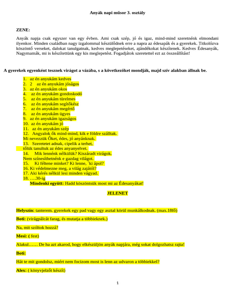 Anyák Napi Műsor Jelenettel | PDF