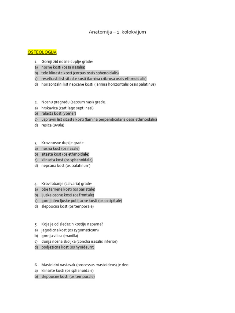 Anatomija, 1. Kolokvijum | PDF