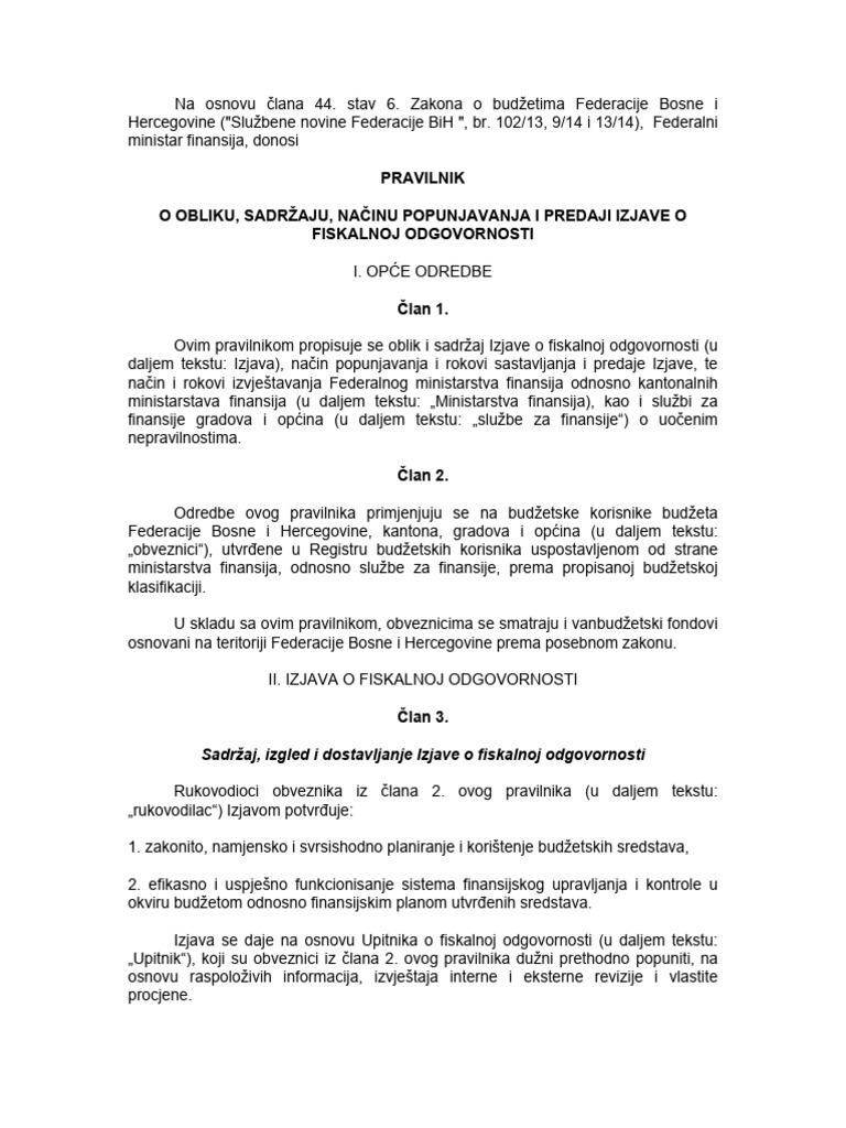 Pravilnik Izrade I Predaje Izjave o Fiskalnoj Odgovornosti - BOS | PDF